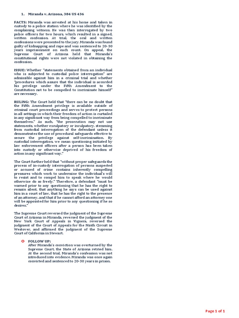 Miranda v. Arizona, 384 US 436 FACTS: Miranda Was Arrested at His Home ...