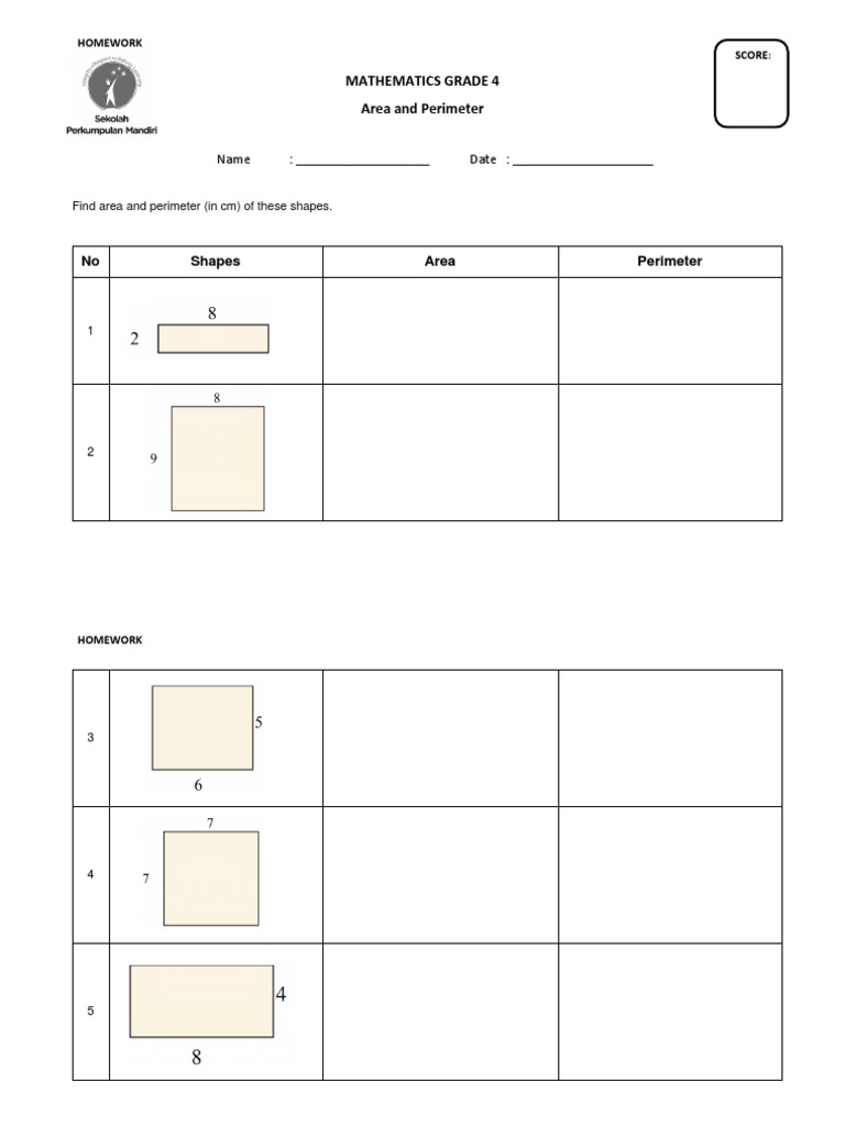 Mathematics Grade 4 Area and Perimeter: Name: - Date | PDF