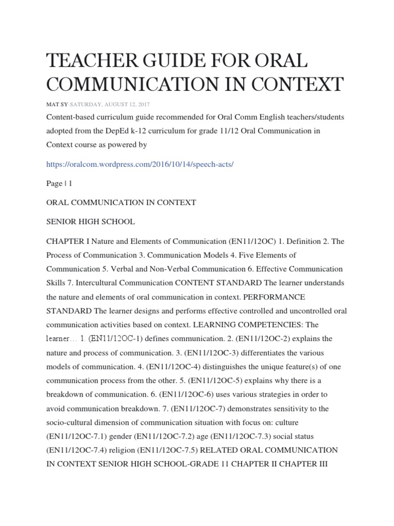 Teacher Guide For Oral Communication in Context | PDF | Nonverbal ...
