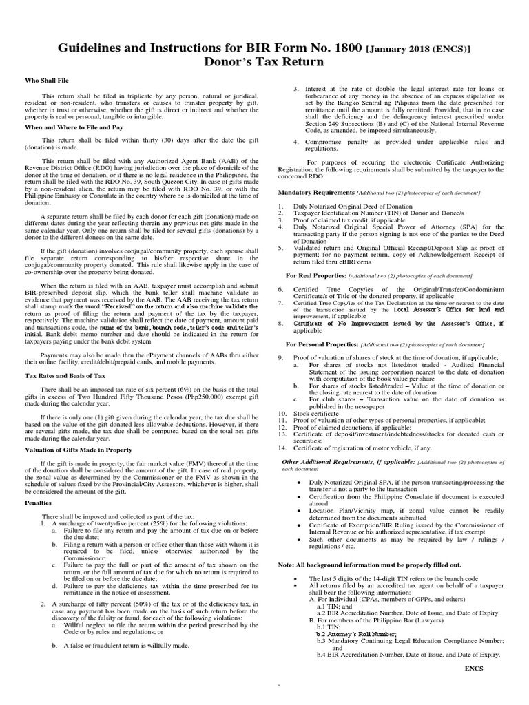 Guidelines and Instructions For BIR Form No. 1800 Donor's Tax Return ...