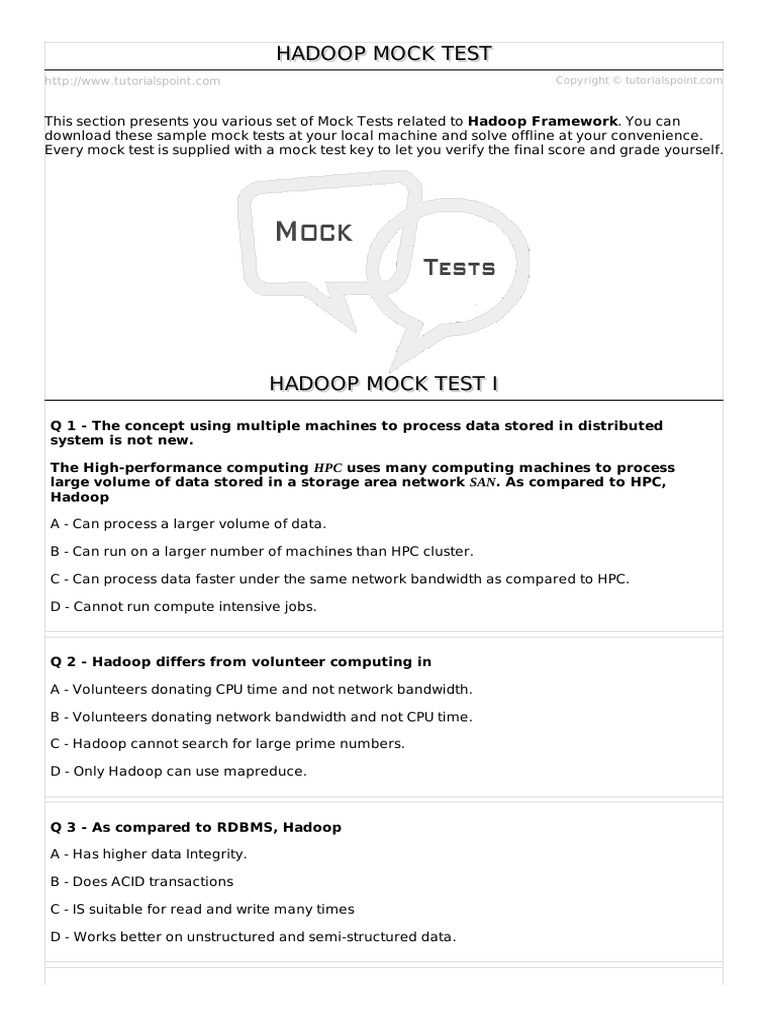 Hadoop Mock Test I Pdf Apache Hadoop File System 
