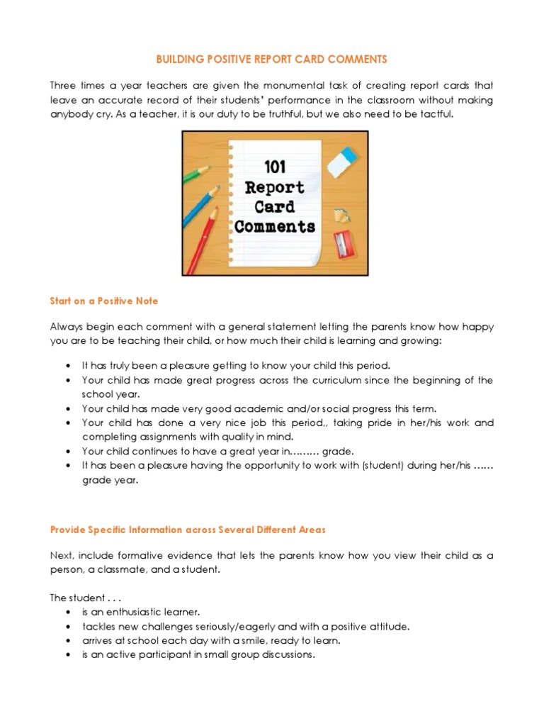Positive Report Card Comment Guide | PDF | Homework | Behavioural Sciences