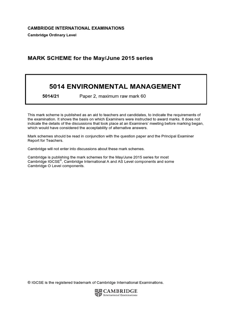 5014 Environmental Management: MARK SCHEME For The May/June 2015 Series ...