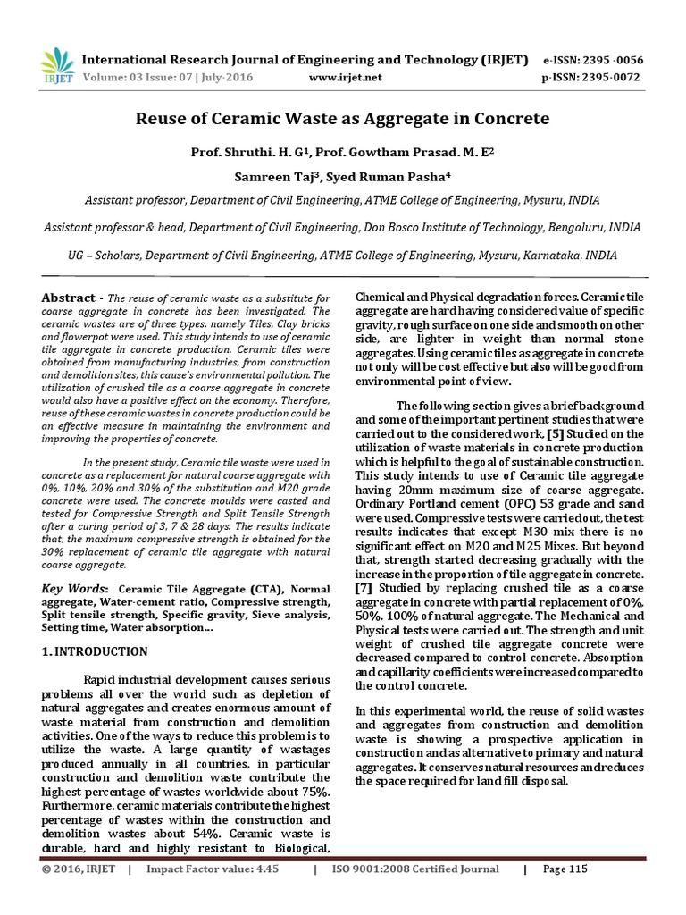 Reuse of Ceramic Waste As Aggregate in Concrete PDF | PDF ...
