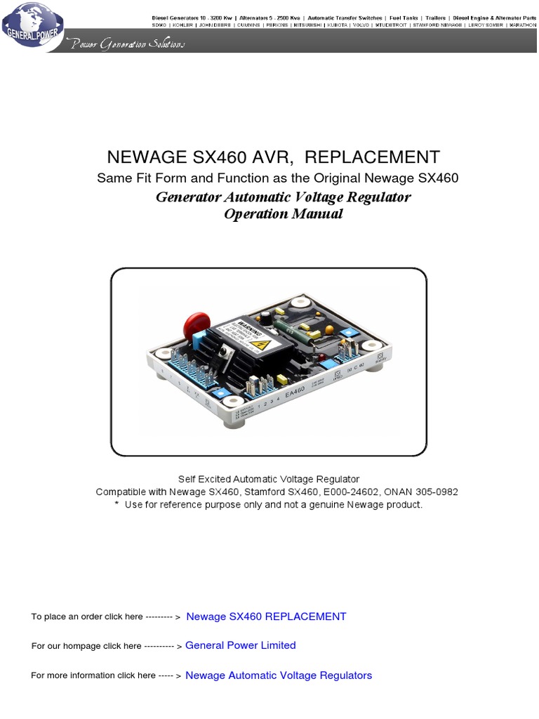 SX460 Automatic Voltage Regulator PDF | PDF | Electric Generator | Voltage