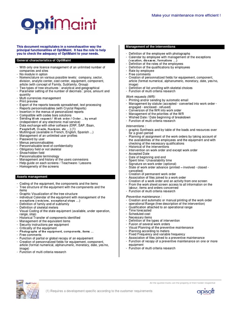 CMMS OptiMaint - Functionalities | PDF | Inventory | Prices