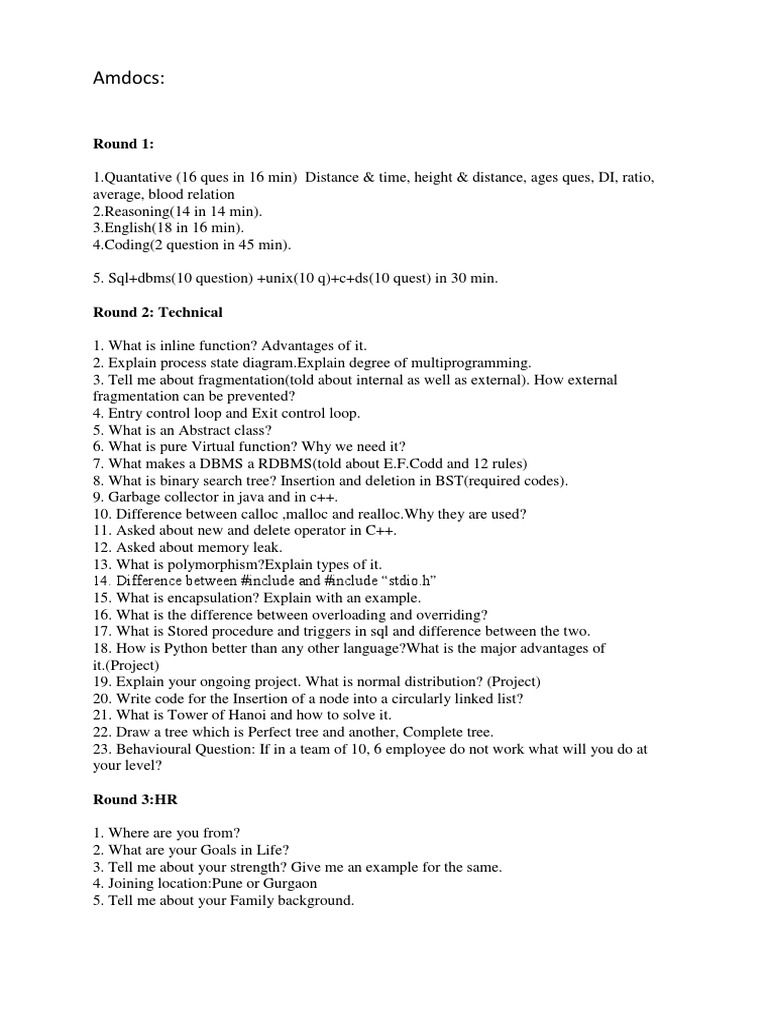 Amdocs Interview Process and Sample Technical Questions | PDF ...