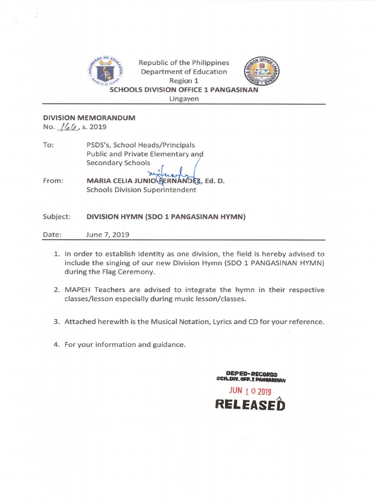 DM166s2019-Division Hymn (SDO I Pangasinan Hymn) | PDF