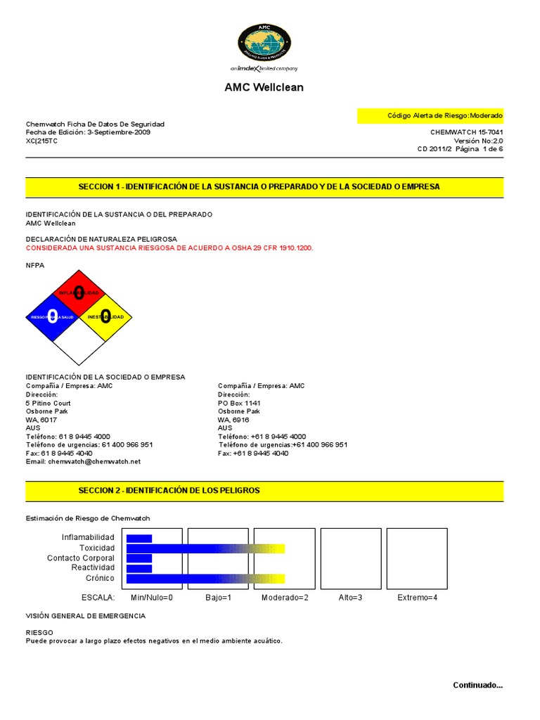 AMC MSDS Well Clean (Spanish) | PDF | Absorción (Química) | Residuos