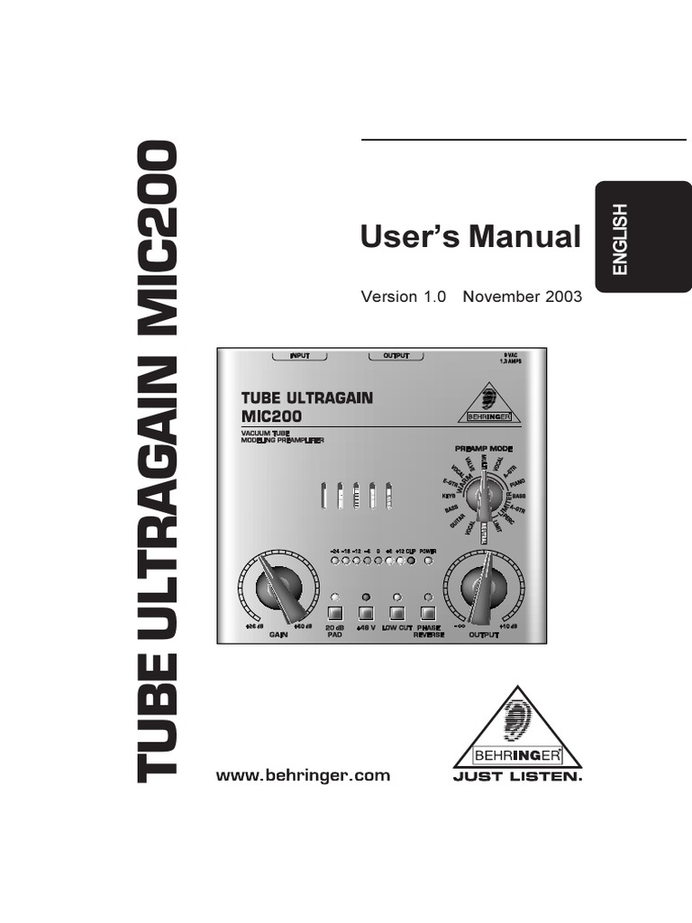 Behringer MIC200 Mic Tube Preamp User Manual | PDF | Microphone | Power ...