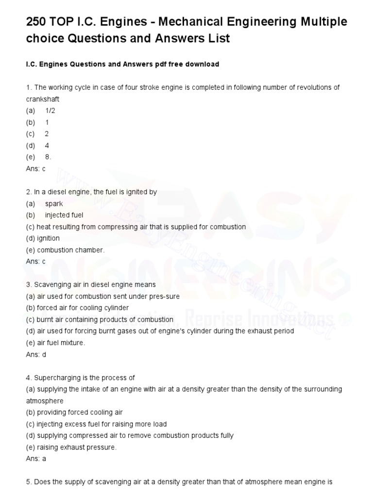 250 TOP I.C. Engines - Mechanical Engineering Multiple Choice Questions ...