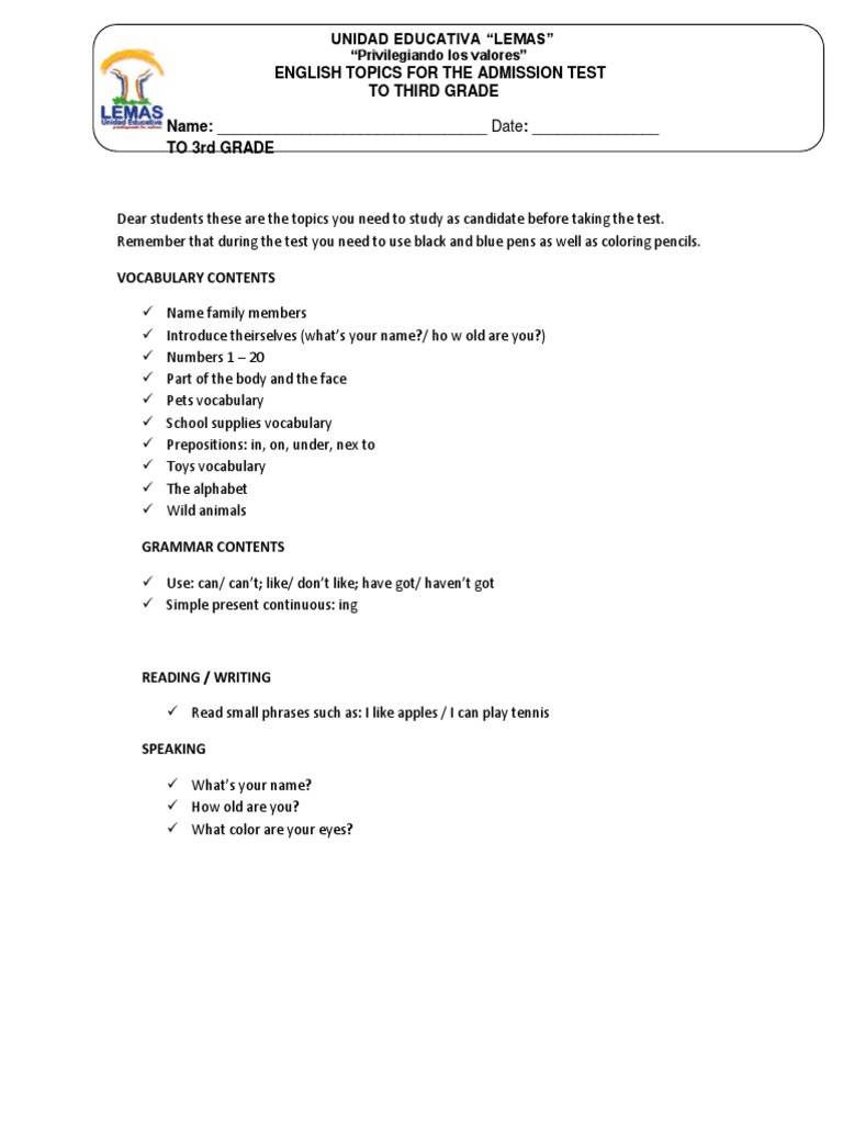 Unidad Educativa "Lemas" English Topics For The Admission Test To Third ...