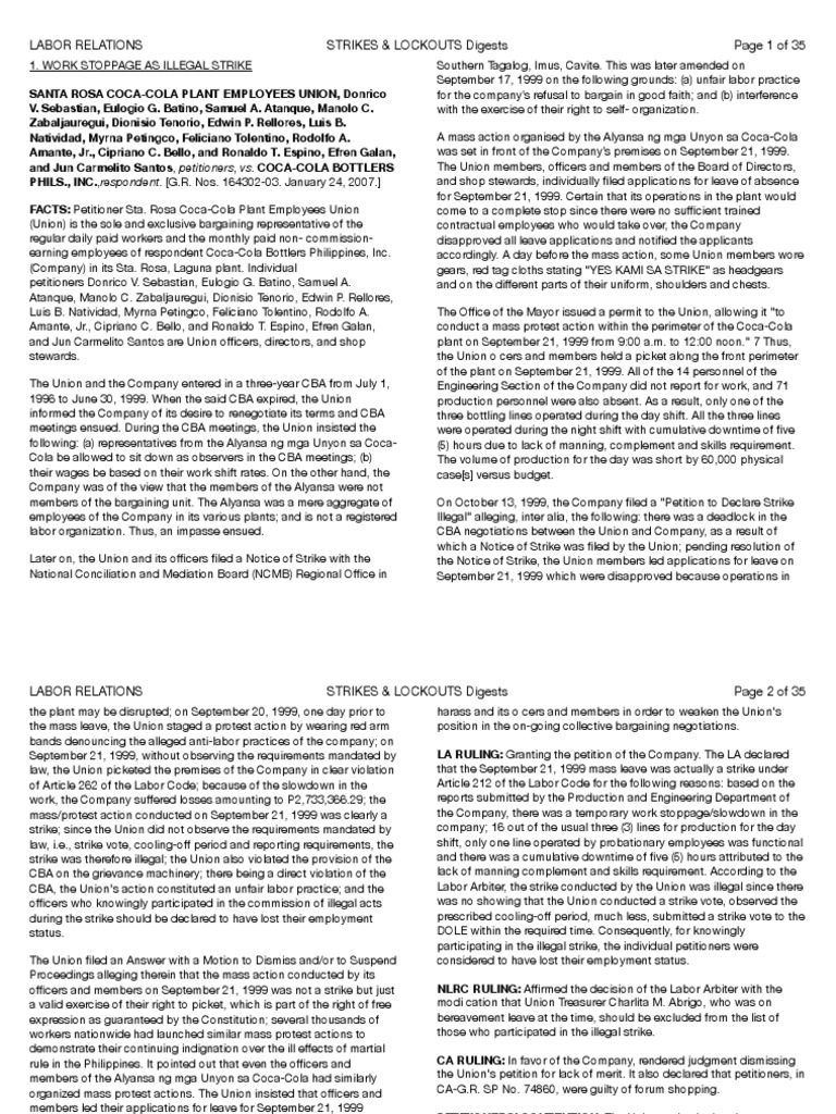 LABOR RELATIONS Strikes & Lockouts Digests | PDF | Strike Action ...