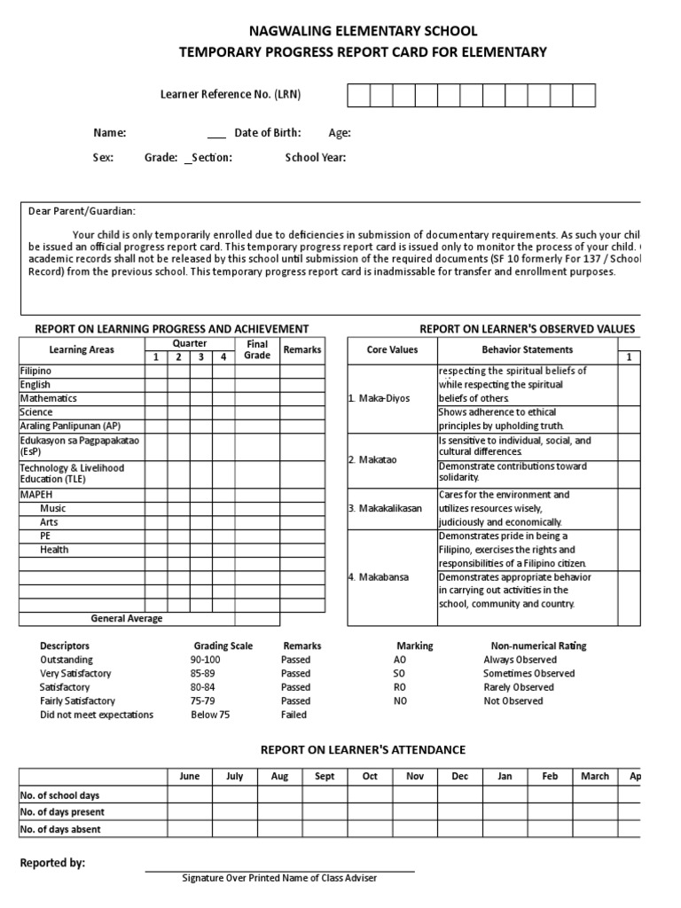 Nagwaling Elementary School Temporary Progress Report Card For ...