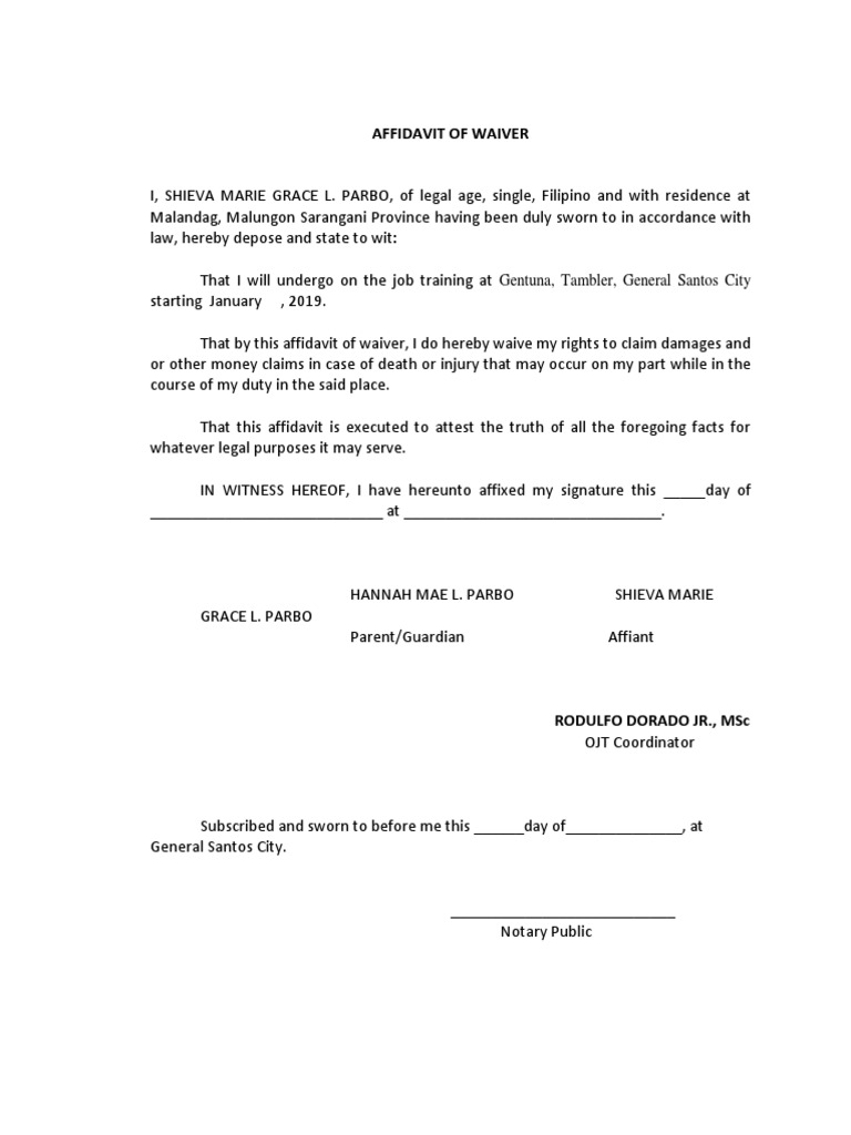 Affidavit of Waiver: Gentuna, Tambler, General Santos City | PDF ...