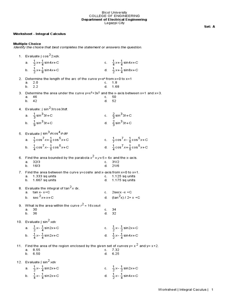 Worksheet 6 Integral Calculus Pdf Pdf Cartesian Coordinate System Area
