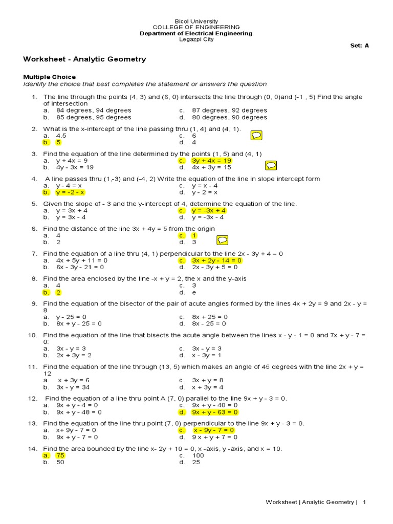 Worksheet 4 Analtyic Geometry | PDF | Ellipse | Line (Geometry)