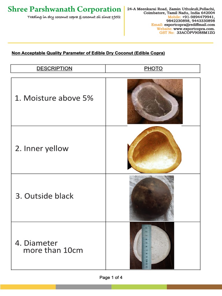 Non-Acceptable Edible Copra Quality Standards | PDF | Coconut ...