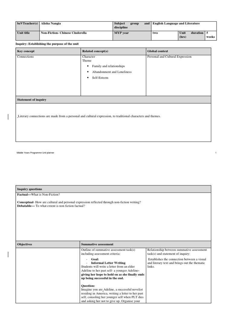 Chinese Cinderella Unit Plan Overview | PDF | Narration | Narrative