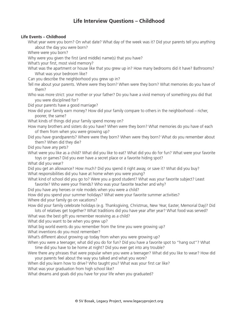 Life Interview Questions - Childhood | Download Free PDF | Family