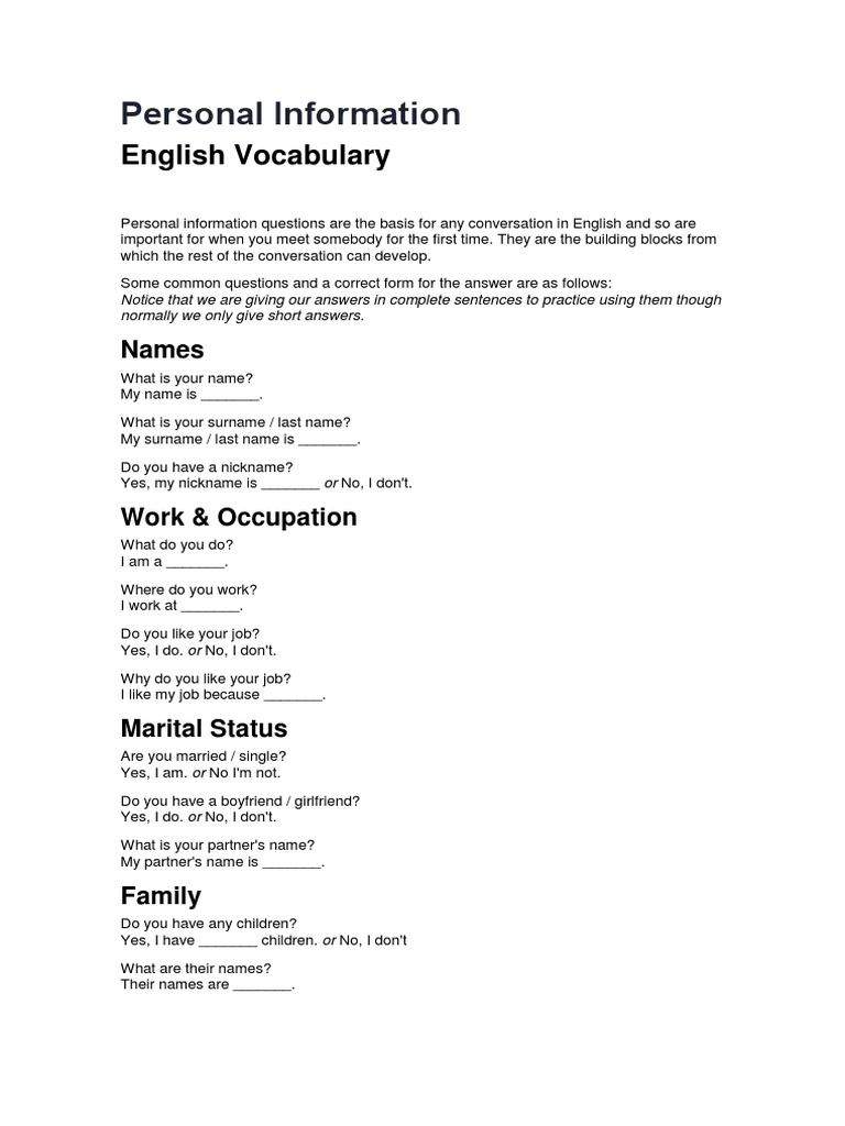 Personal Information: English Vocabulary | PDF | Human Communication ...
