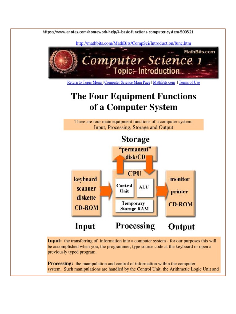 The Four Equipment Functions of A Computer System: Input, Processing ...