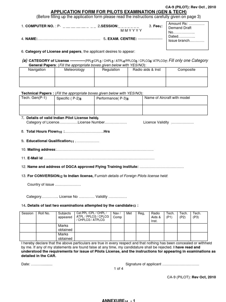 Application Form For Pilots Examination (Gen & Tech) | PDF | Aviation ...