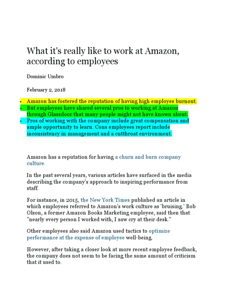 Amazon Work Culture Paraphrasing Exercise | PDF | Work–Life Balance ...