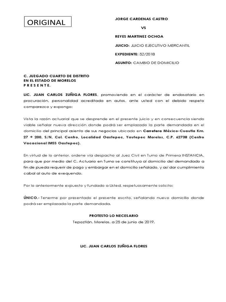 Escrito de Nuevo Domicilio Para Emplazar Jorge