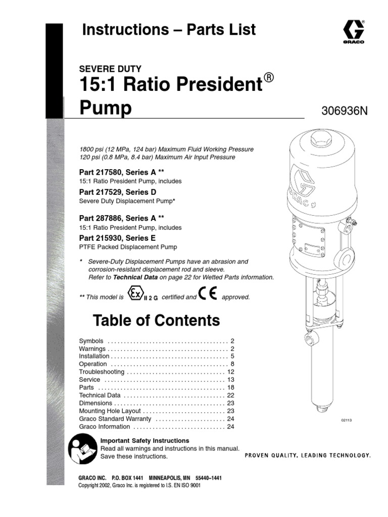15:1 Ratio President Pump: Instructions - Parts List | PDF | Pump | Valve