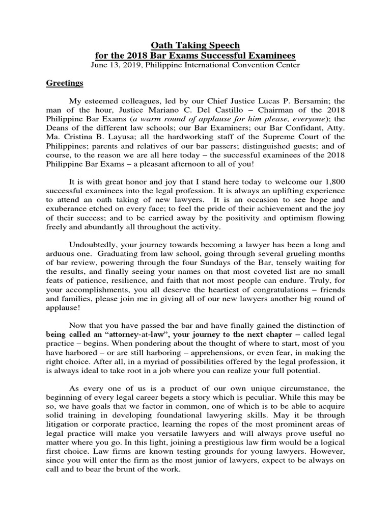 Oathtaking Speech For The 2018 Bar Passers | PDF | Lawyer | Justice