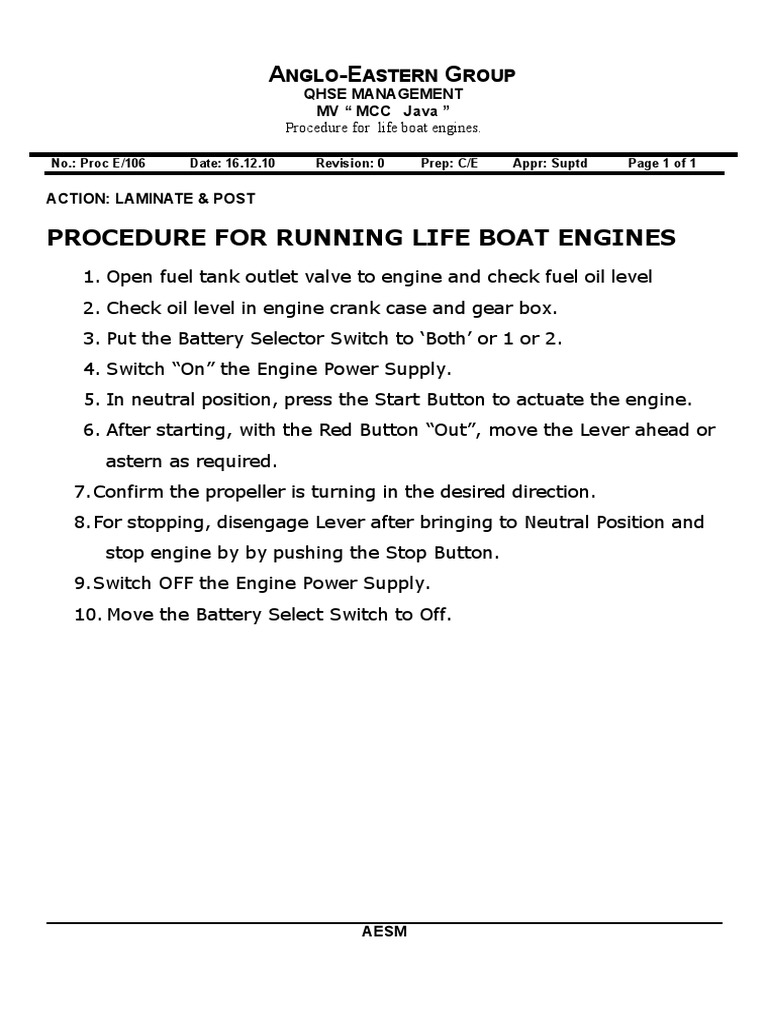 Procedure for Starting and Operating Lifeboat Engines | PDF