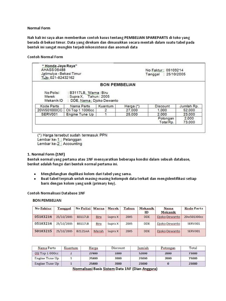 Contoh Normalisasi Database Bengkel | PDF