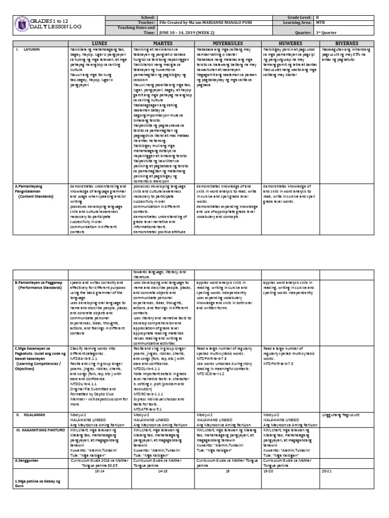 DLL - MTB 2 - Q1 - W2 | PDF