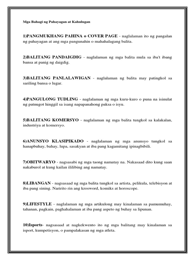 Mga Bahagi NG Pahayagan at Kahulugan | PDF