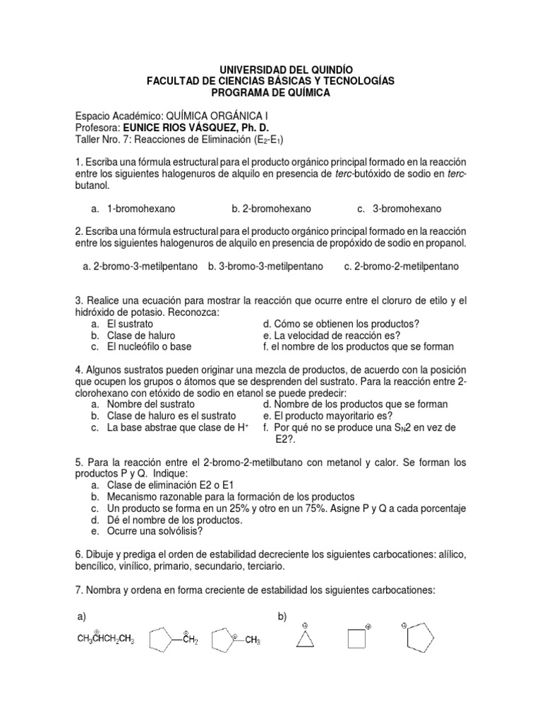Taller: Reacciones de Eliminación E2-E1 | PDF | Química Orgánica | Química