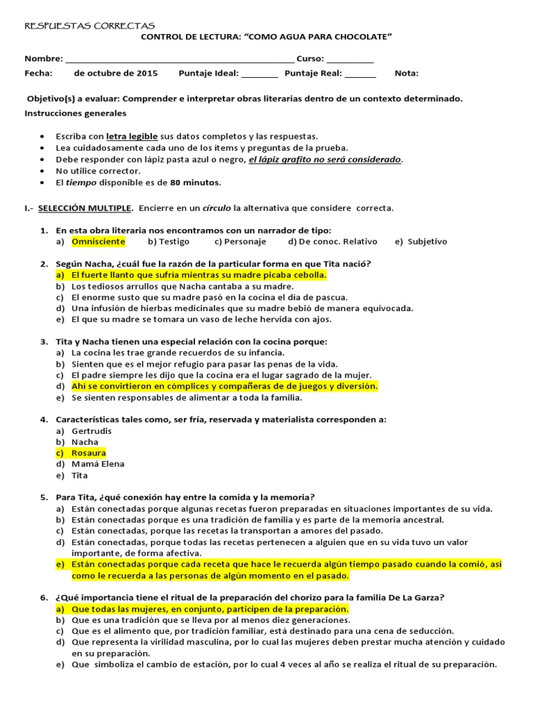 Como Agua para Chocolatee Con Respuestas 2019 | PDF | Amor | Alimentos