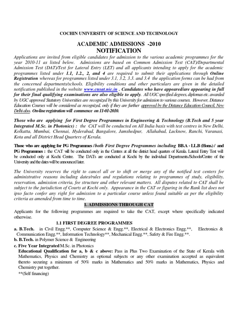 Notification: Academic Admissions - 2010 | PDF | Academic Degree ...