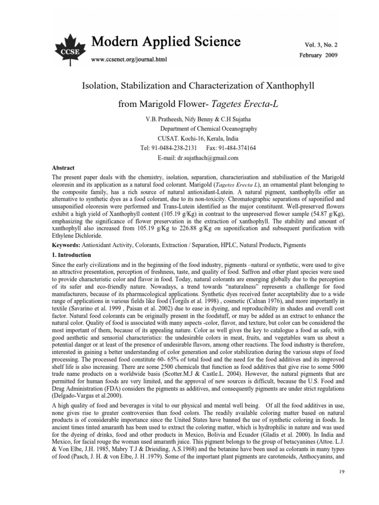 Isolation, Stabilization and Characterization of Xanthophyll From ...