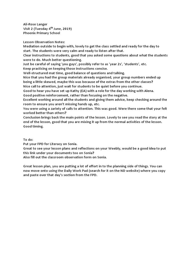 Ali-Rose Langer Lesson Ob Notes Visit 2 14619 | PDF | Lesson Plan ...