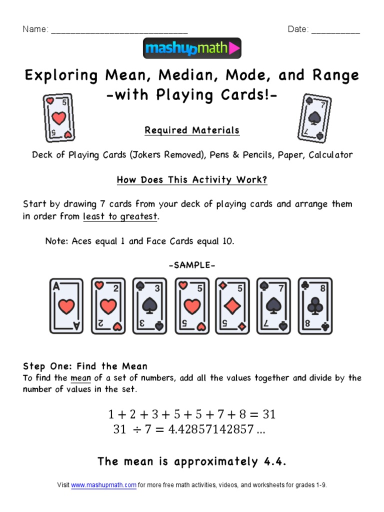 Playing Cards Mean, Median, Mode Activity | PDF | Mean | Mode (Statistics)