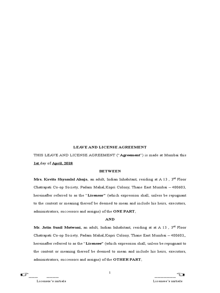 Leave and License Agreement: Licensor's Initials | PDF | License ...