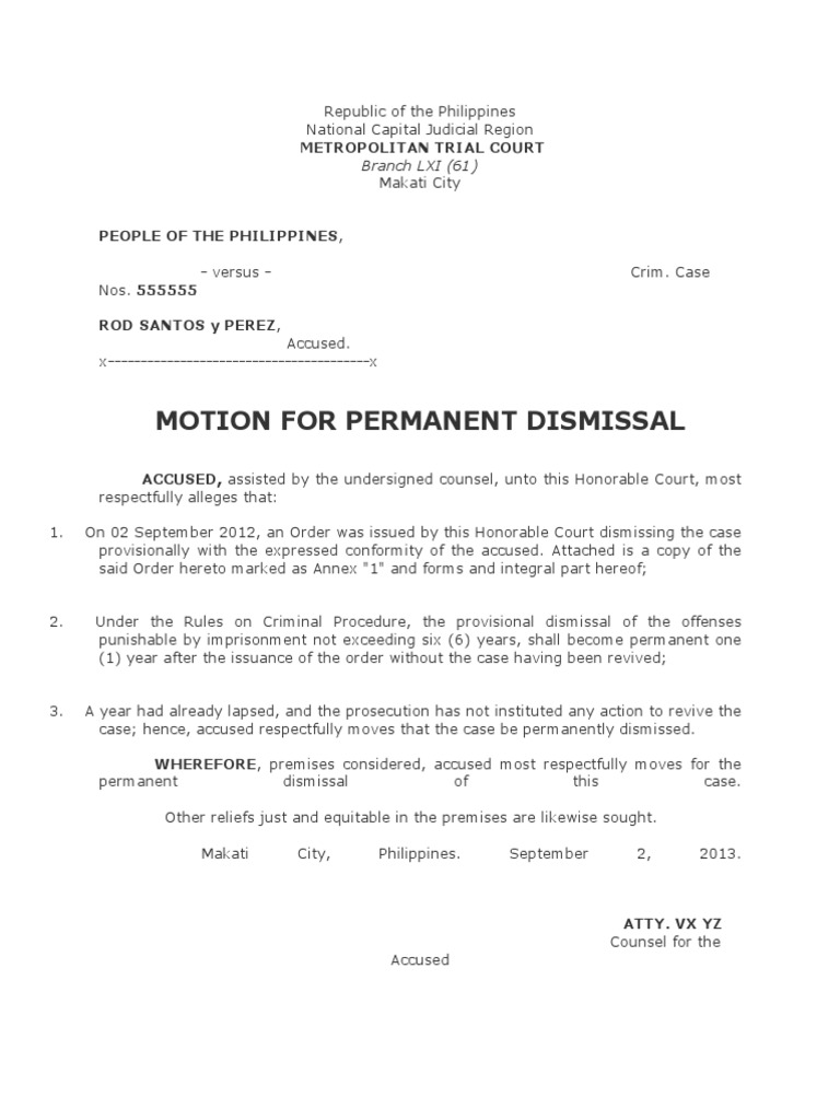 Motion For Permanent Dismissal: Metropolitan Trial Court | PDF ...