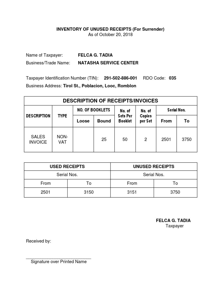 Inventory of Unused Receipts | PDF