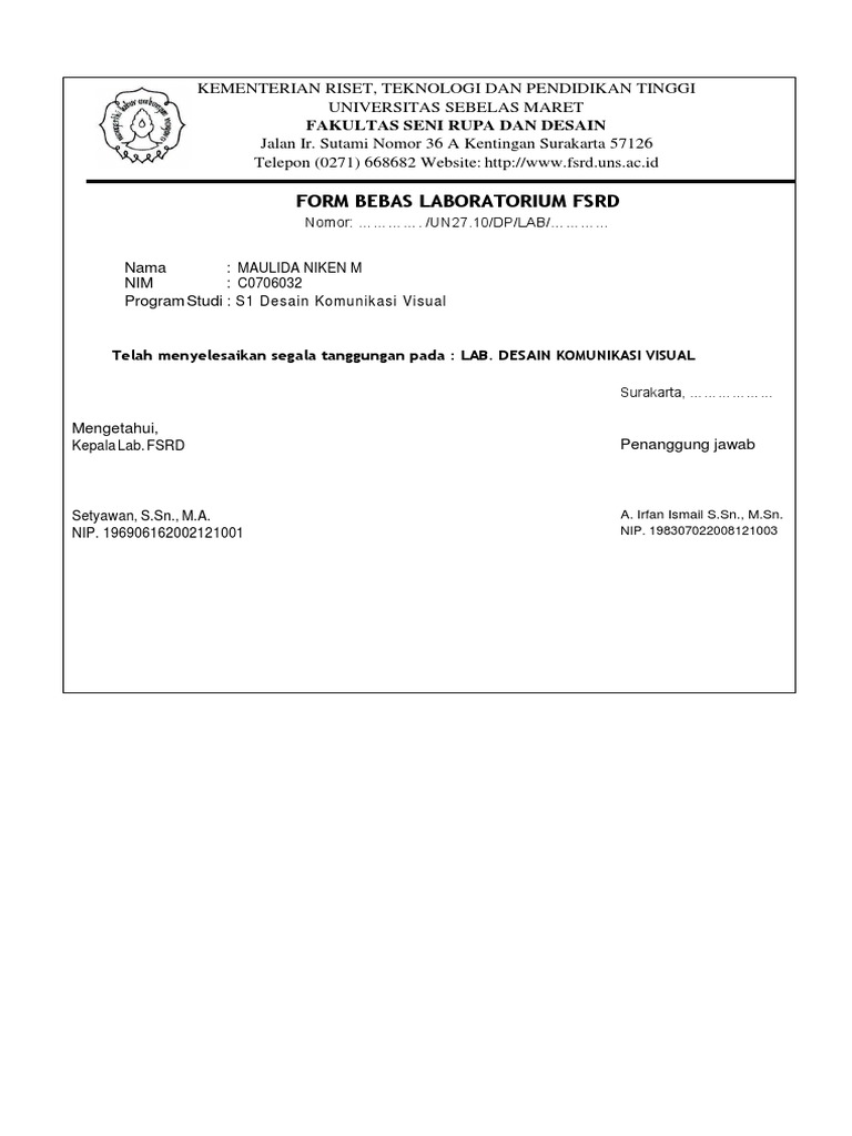 Surat Bebas Lab FSRD | PDF