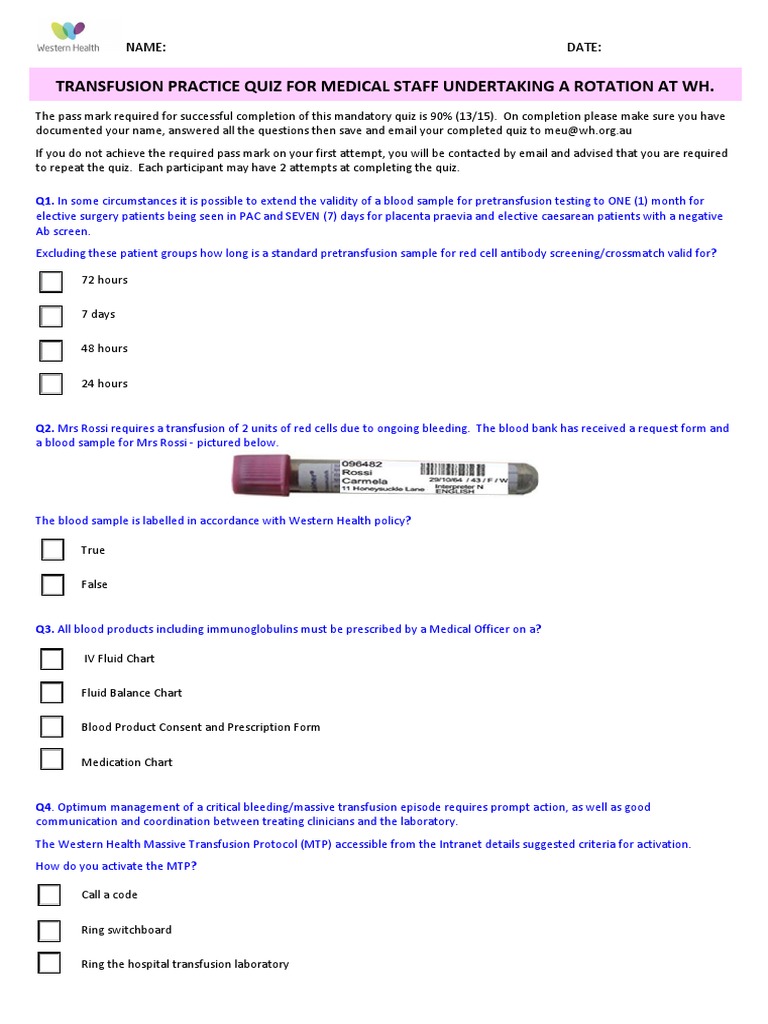 General Transfusion Practice Quiz For Rotating Medical Staff | PDF ...