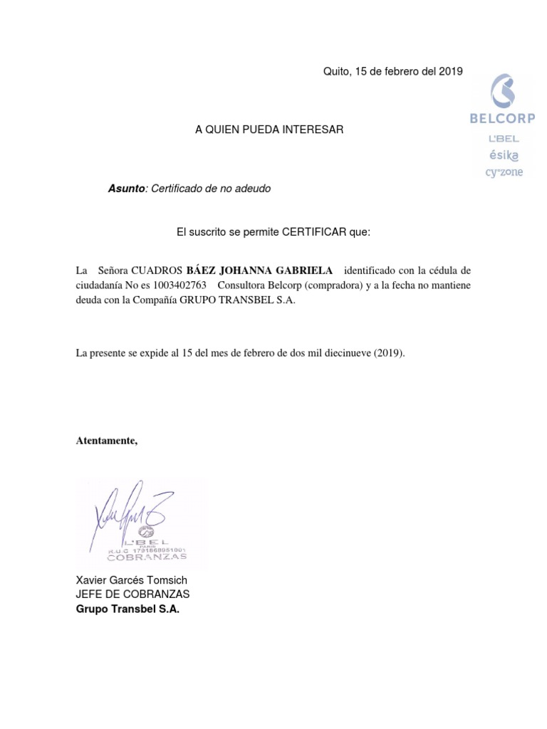 Certificado de No Adeudo Transbel | PDF