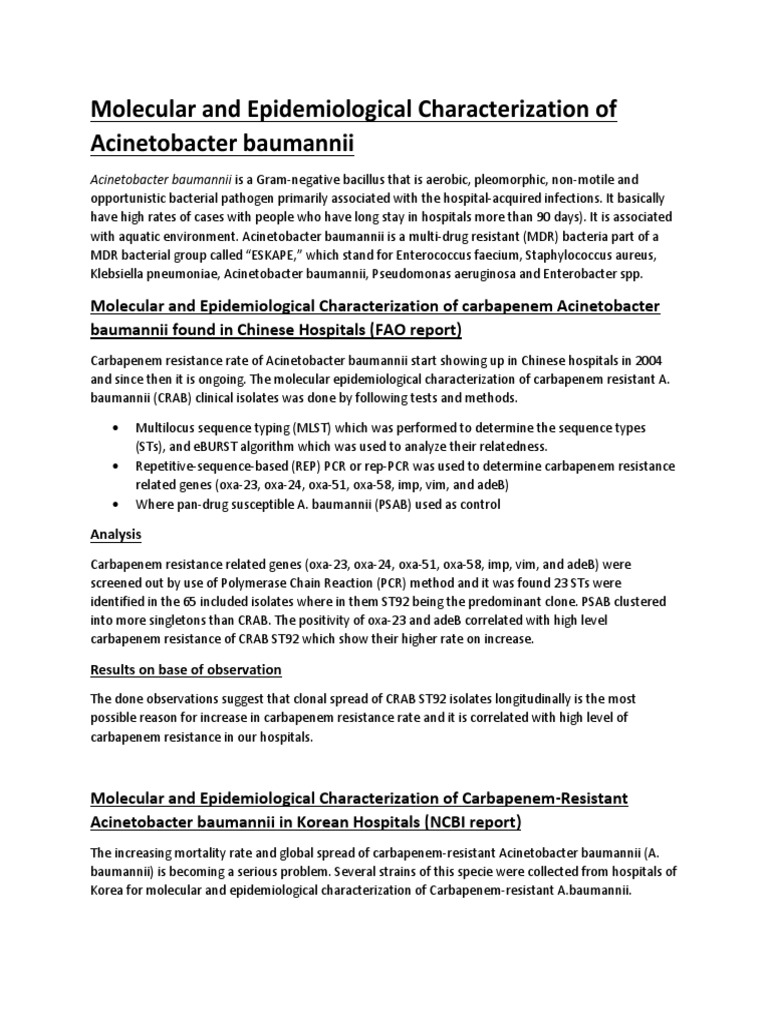 Molecular and Epidemiological Characterization of Carbapenem-Resistant Acinetobacter Baumannii ...
