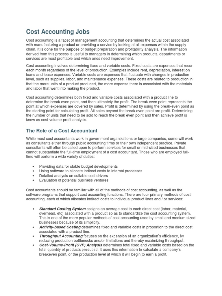 Cost Accounting Jobs: The Role of A Cost Accountant | PDF | Cost ...