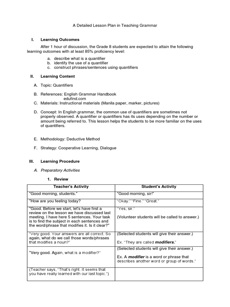 Detailed Grammar Lesson Plan: Quantifiers | PDF | Noun | Question